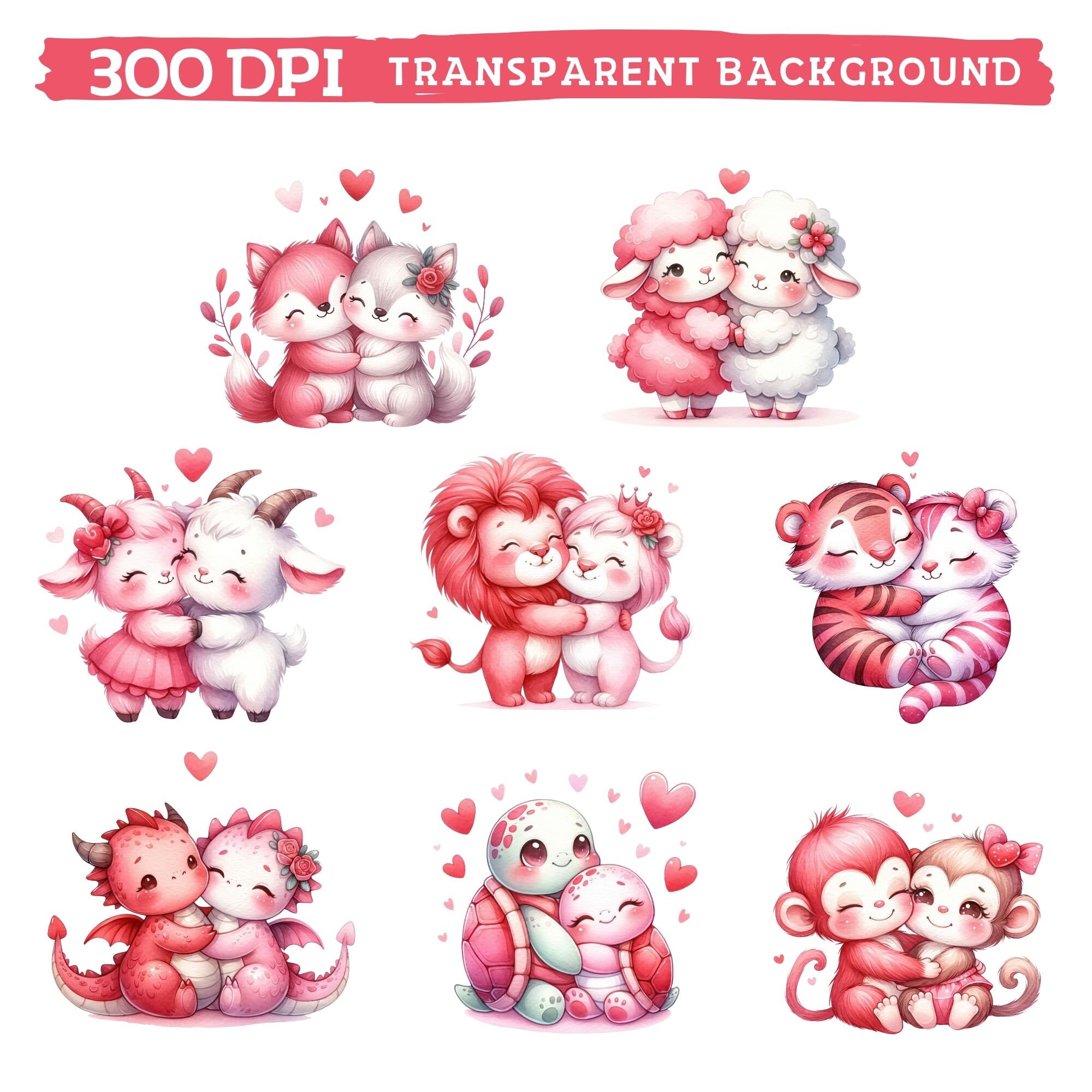 Watercolor Cute Couple Animals Clipart, Pink Romantic Baby Animal ...