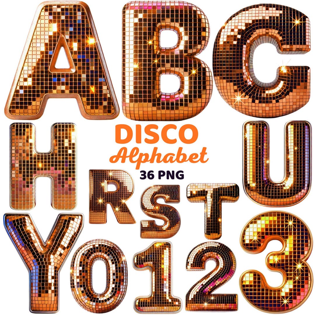 Retro Disco Alphabet Clipart, Orange Shiny Mirror Ball Letters ...