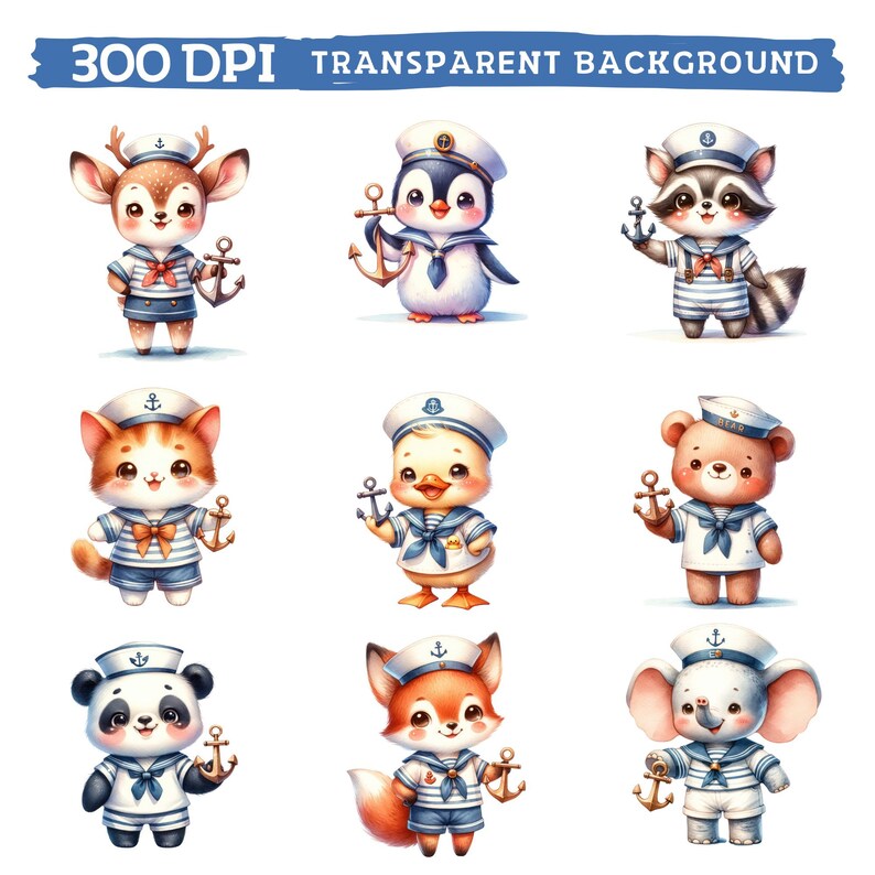 Watercolor Cute Sailor Animals Clipart, Sailor Baby Animal Nursery ...