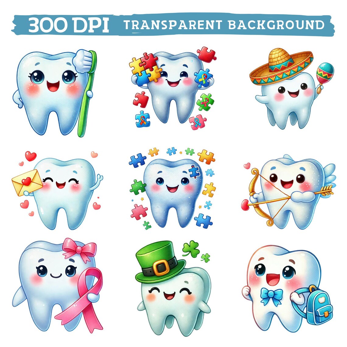 Cute Tooth Clipart, Watercolor Teeth Nursery, Dental and Hygiene ...