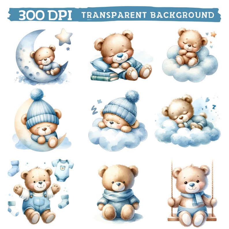 Watercolor Blue Cute Bear Clipart, Baby Boy Birthday Nursery ...