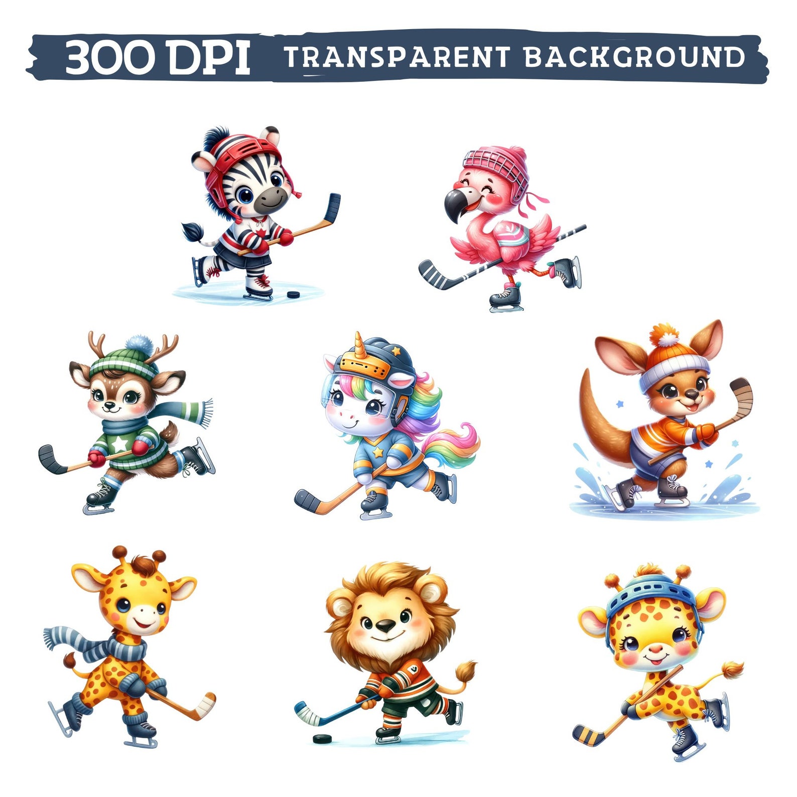 Hockey Animals Clipart, Watercolor Cute Cartoon Winter Sports Nursery ...