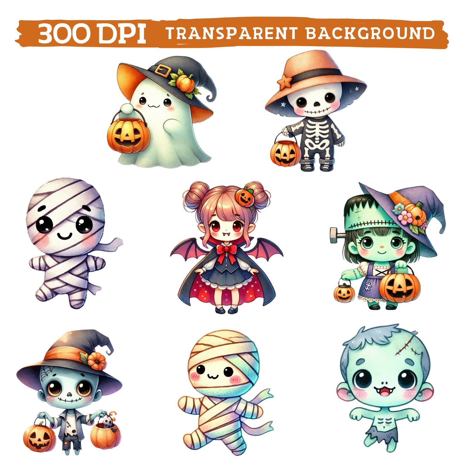 Cute Halloween Clipart, Spooky Watercolor Witchy, Nursery, Zombie ...