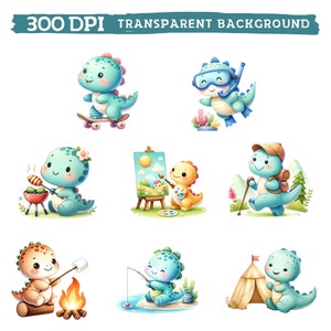 Watercolor Cute Dinosaur Clipart, Summer Beach Dinosaurs Nursery ...