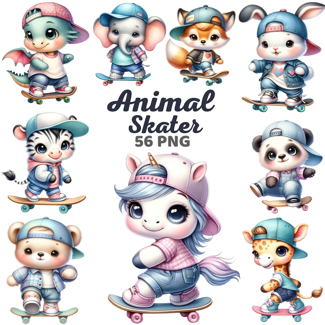Skateboarding Animals Clipart, Watercolor Cute Cartoon Skateboard ...