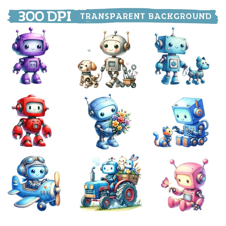 Cute Robot Clipart, Watercolor Whimsical Bot Illustrations Nursery ...