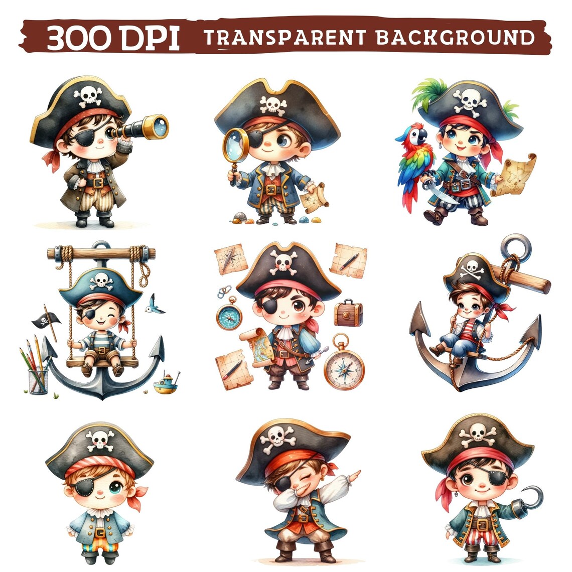 Watercolor Cute Pirate Clipart, Pirate Ship Flag, Pirate Map Nursery ...