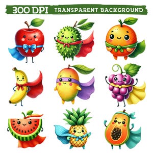 Superhero Fruit Clipart, Watercolor Cute Healthy Food, Kids Classroom ...