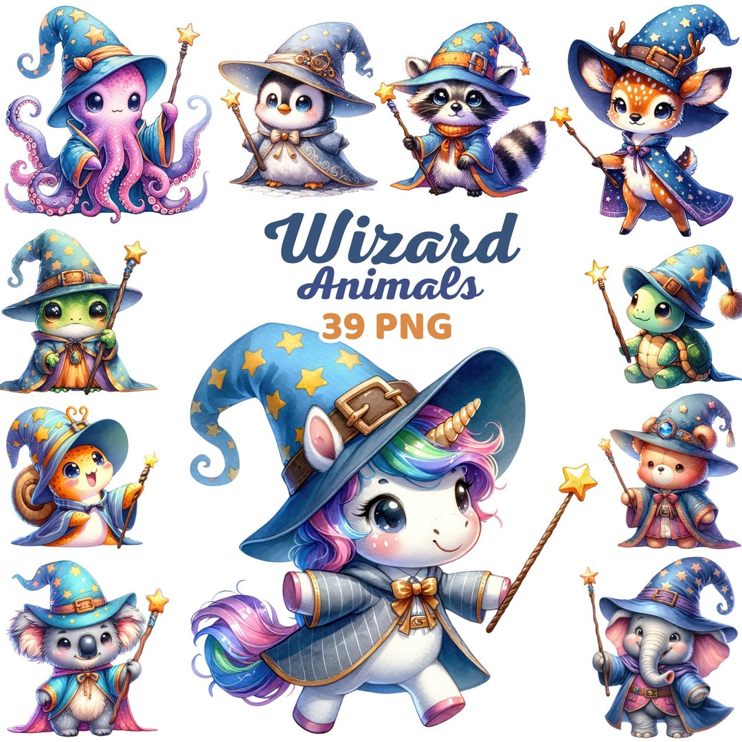 Wizard Animals Clipart, Watercolor Animal Magical Nursery, Cute Safari ...