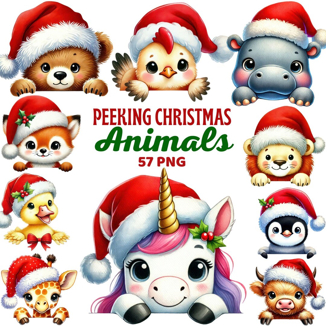 Peeking Christmas Animals Clipart, Watercolor Cute Holiday Animal Face ...