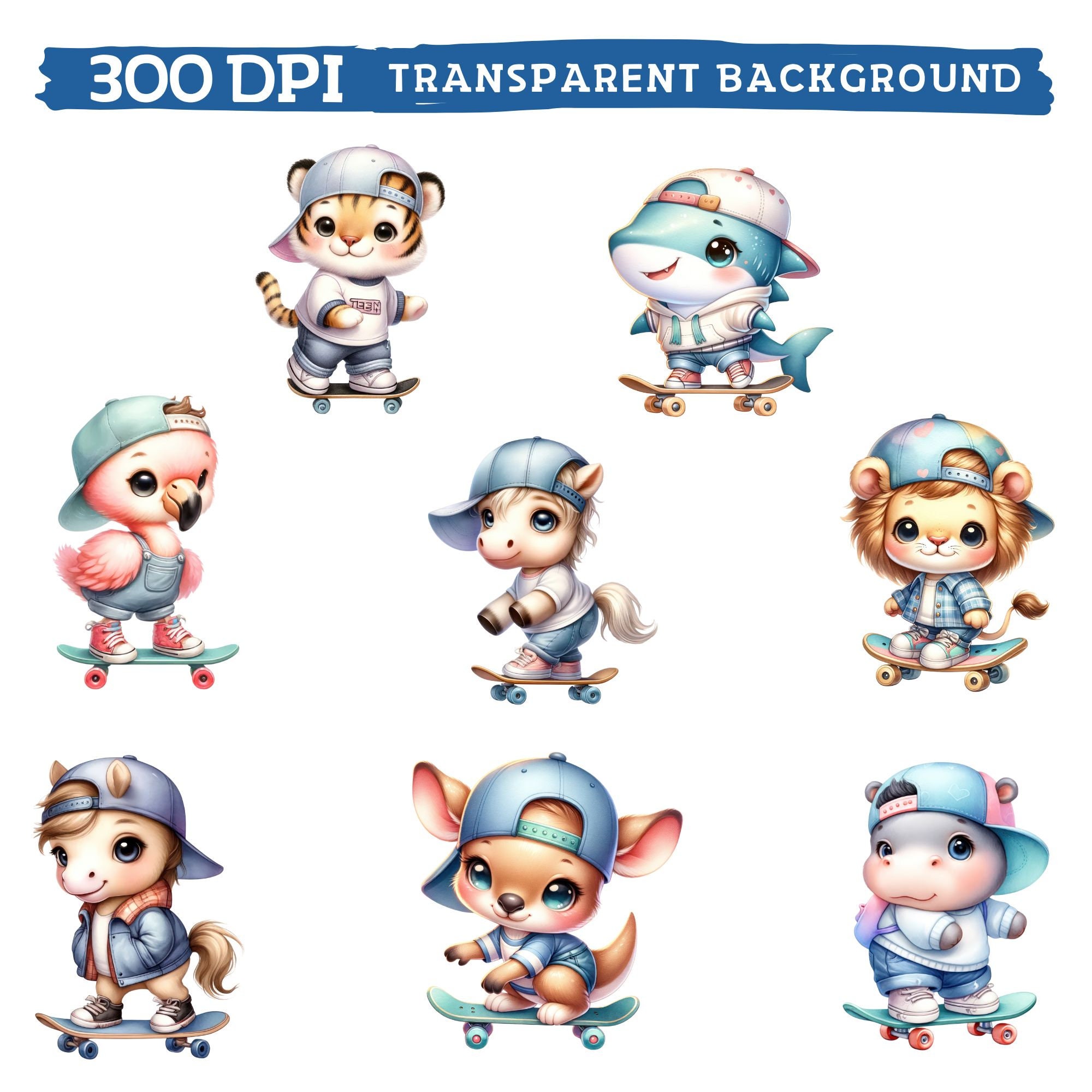 Skateboarding Animals Clipart, Watercolor Cute Cartoon Skateboard ...