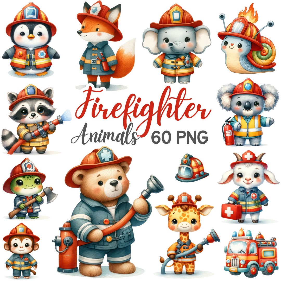 Watercolor Cute Firefighter Animals Clipart, Little Heroes Nursery ...