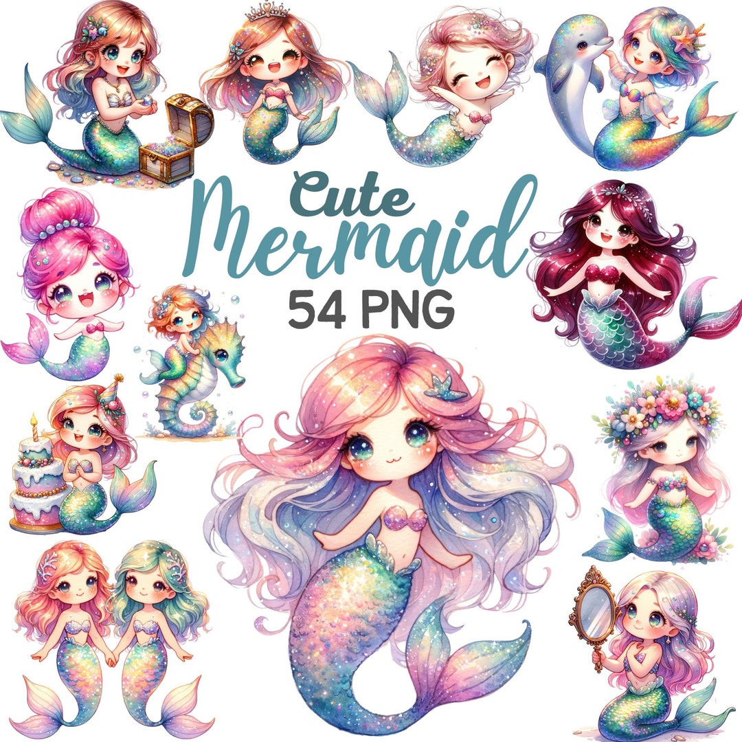 Watercolor Cute Mermaid Clipart, Glitter Shimmer Mermaid Lover Nursery ...