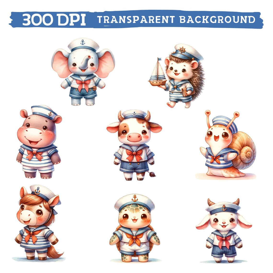 Watercolor Cute Sailor Animals Clipart, Sailor Baby Animal Nursery ...