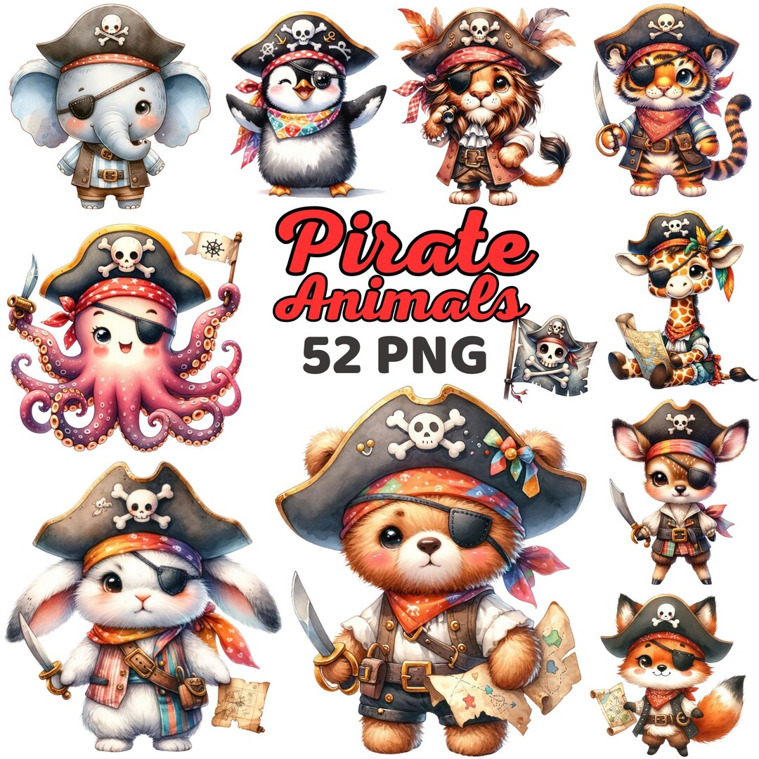 Watercolor Cute Pirate Animals Clipart, Pirate Baby Animal Nursery ...