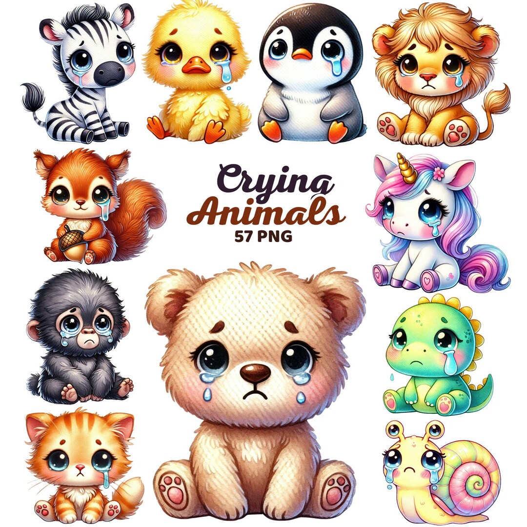 Crying Animals Clipart, Watercolor Sad Cute Animal for Kids, Emotional ...