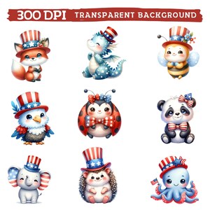 4th of July Animals Clipart, Watercolor Cute Patriotic Nursery ...