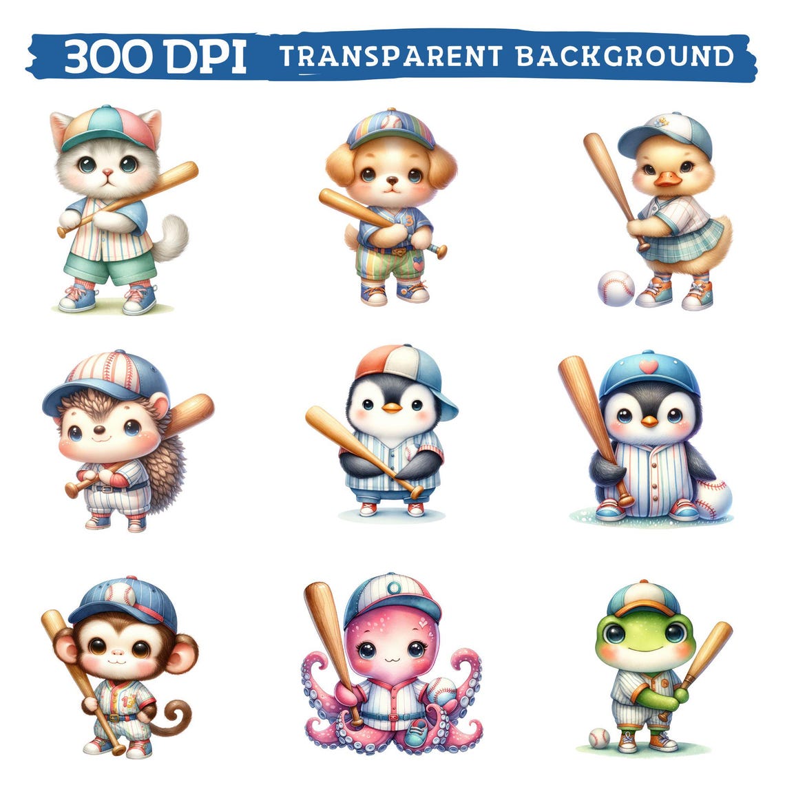 Baseball Animals Clipart, Watercolor Cute Cartoon Sports Nursery ...