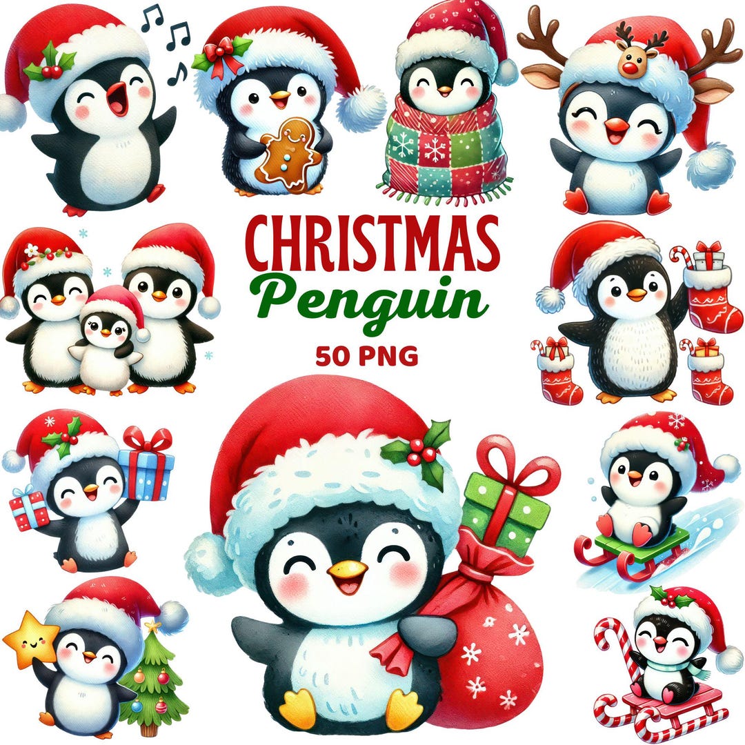 Christmas Penguin Clipart, Watercolor Cute Holiday Penguin, Nursery ...