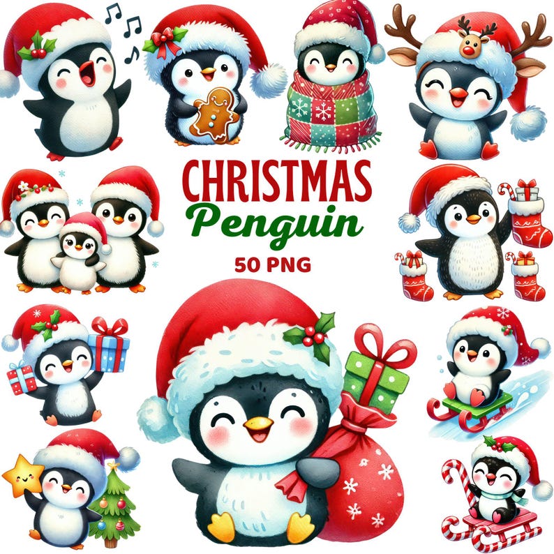 Christmas Penguin Clipart, Watercolor Cute Holiday Penguin, Nursery ...