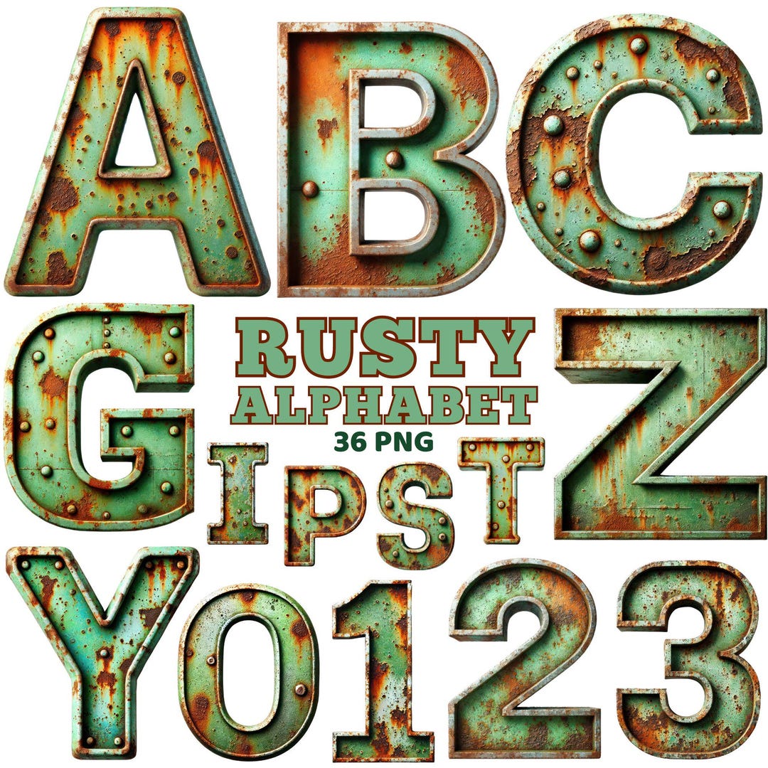 Rusty Metal Alphabet Clipart, Green Rusty Letters, Steampunk Lettering ...