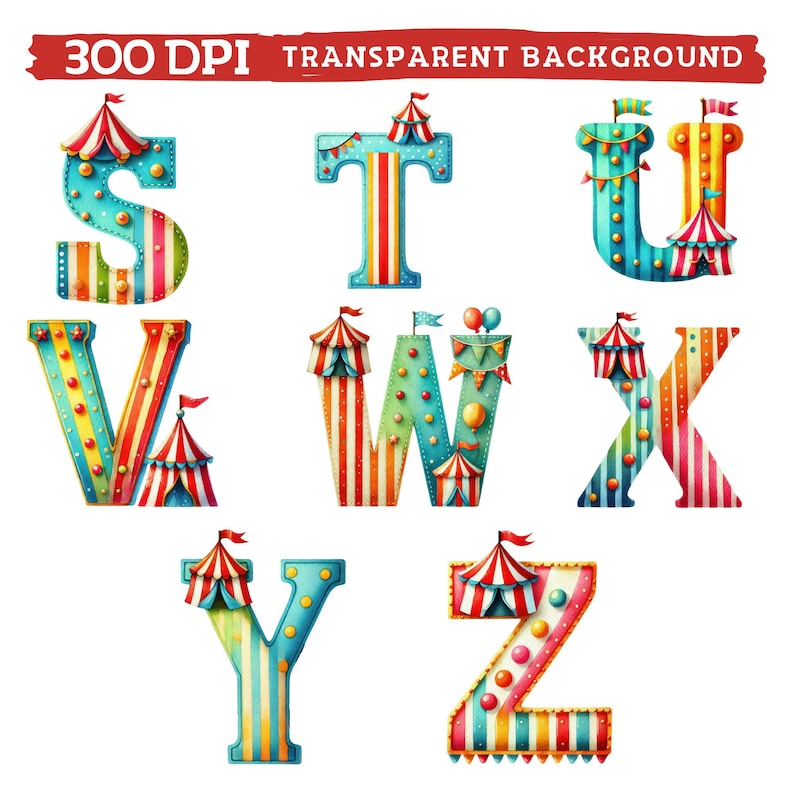 Circus Alphabet Clipart, Watercolor Colorful Carnival Letters & Numbers ...