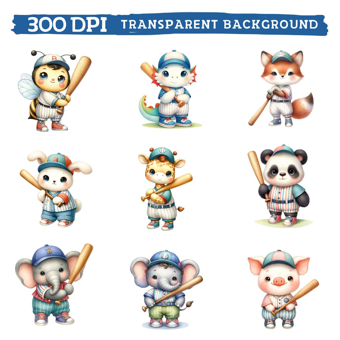 Baseball Animals Clipart, Watercolor Cute Cartoon Sports Nursery ...