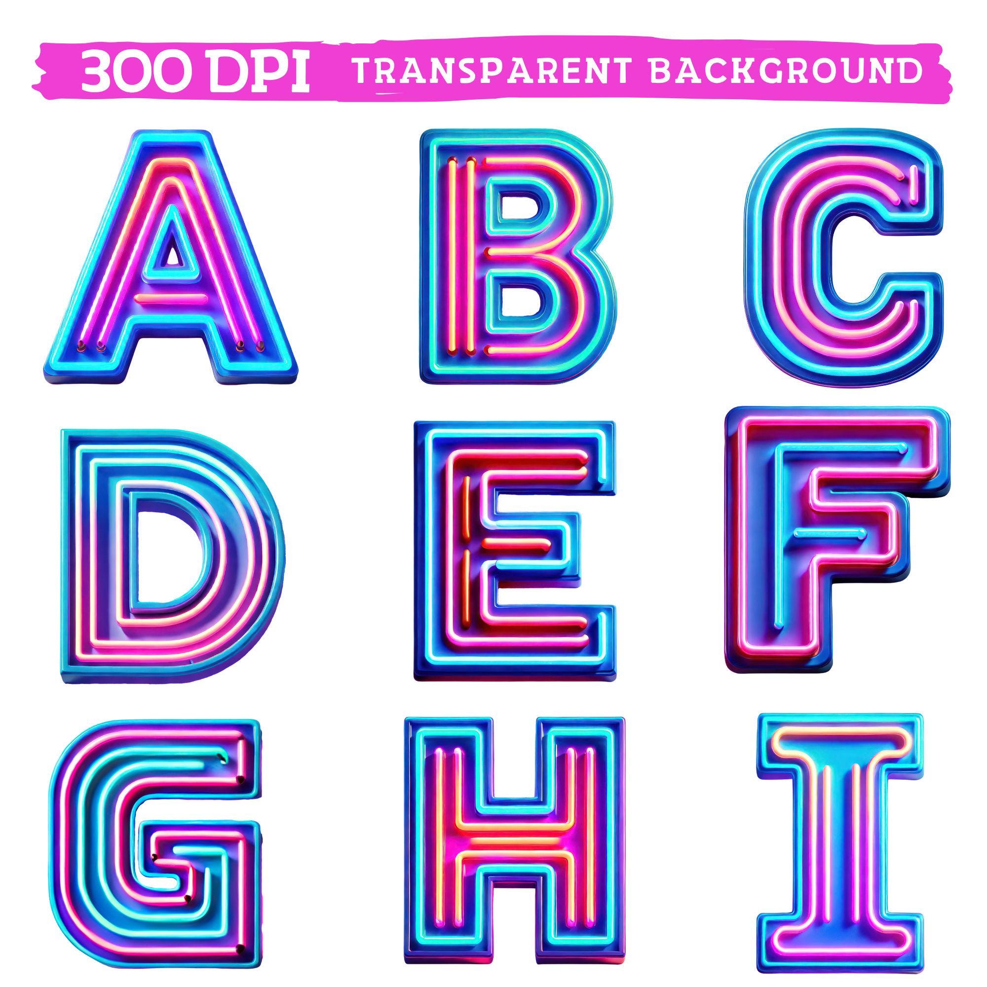 Retro Neon Alphabet Clipart, Glowing Letters & Numbers, Colorful Neon ...