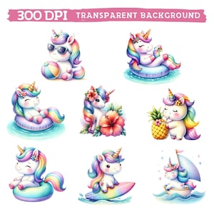 Watercolor Cute Unicorn Clipart, Summer Beach Rainbow Unicorn Girl ...