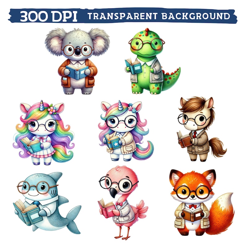Librarian Animals Clipart, Watercolor Cute Bookish Animal for Teachers ...