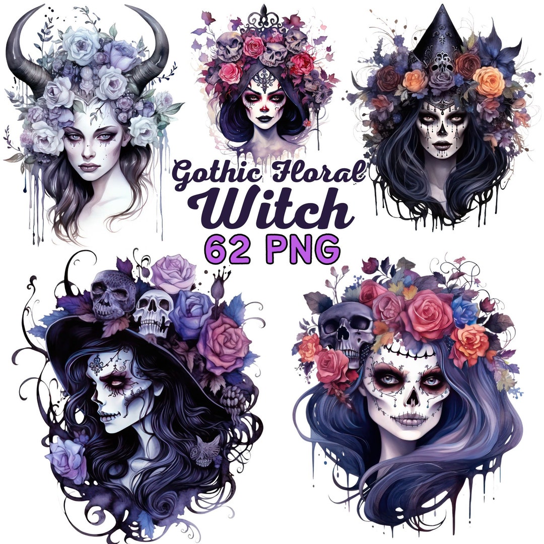 Watercolor Boho Witch Wiccan Gothic Florals Clipart, Magical Flowers ...