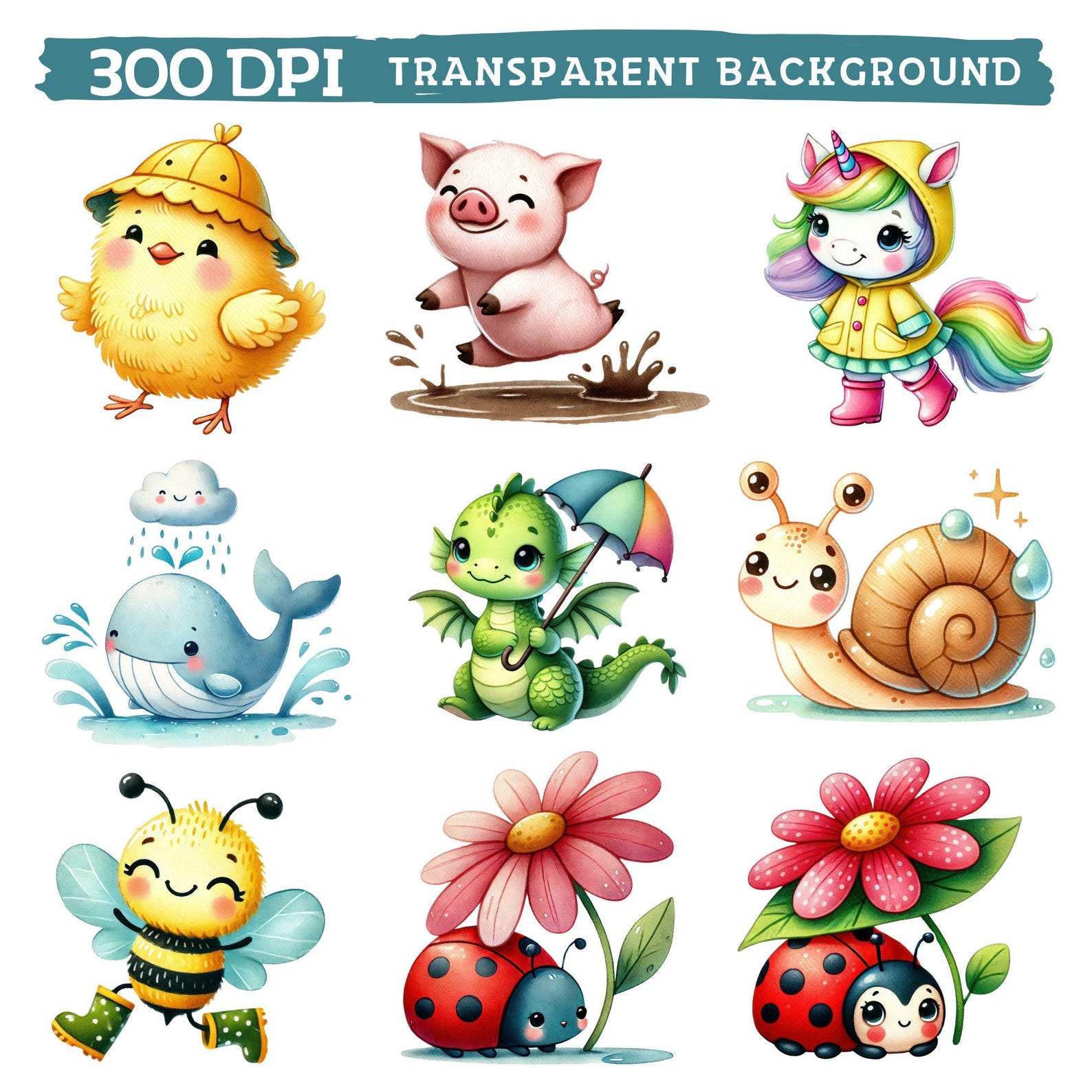 Rainy Day Animal Clipart, Watercolor Cute Spring Animals in Raincoats ...