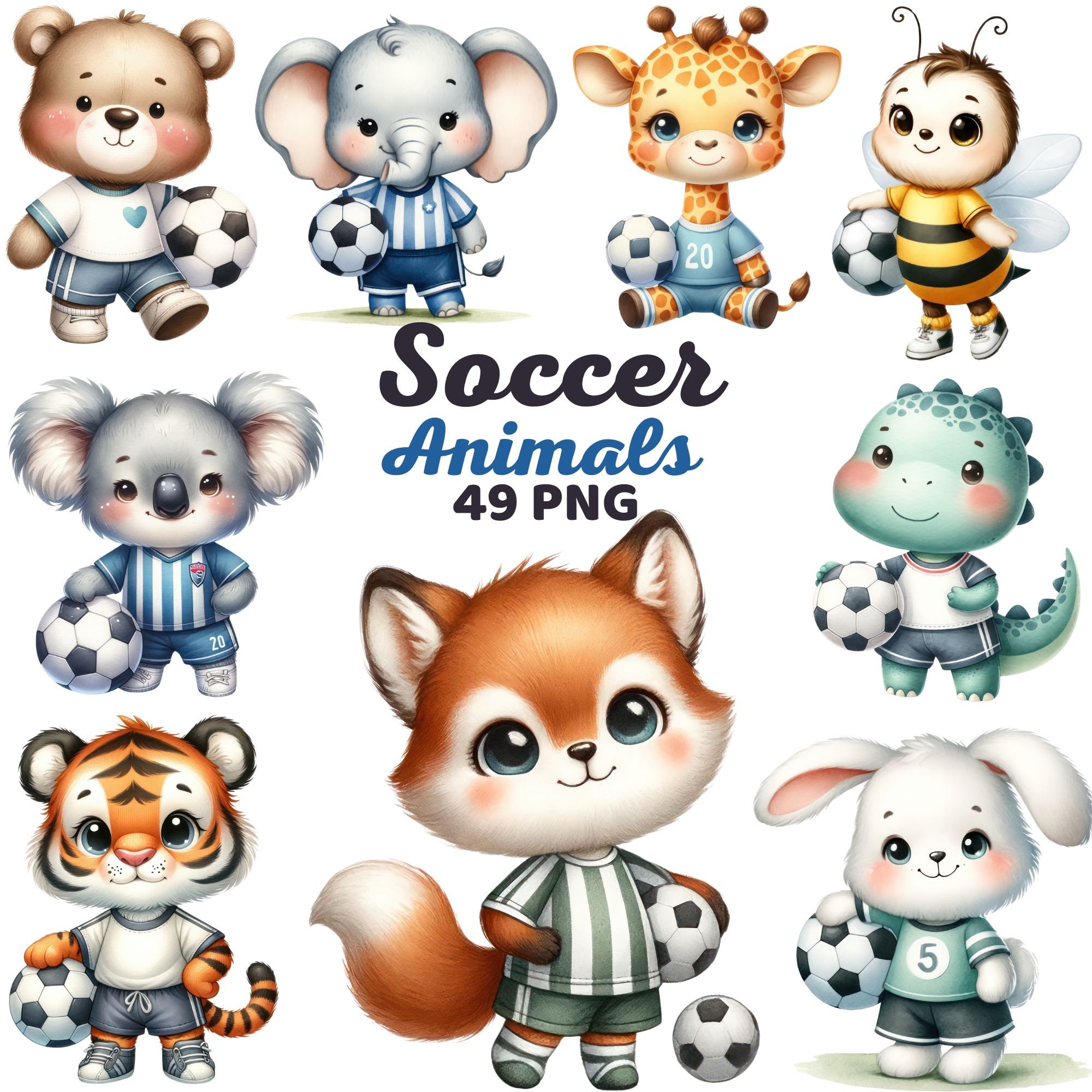 Soccer Animals Clipart, Watercolor Cute Cartoon Sports Nursery ...