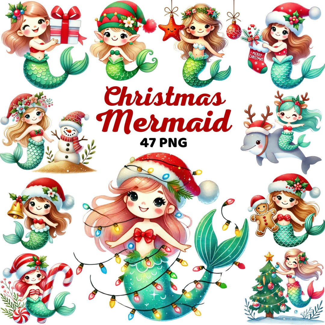 Christmas Mermaid Clipart, Watercolor Cute Festive Mermaids, Holiday ...