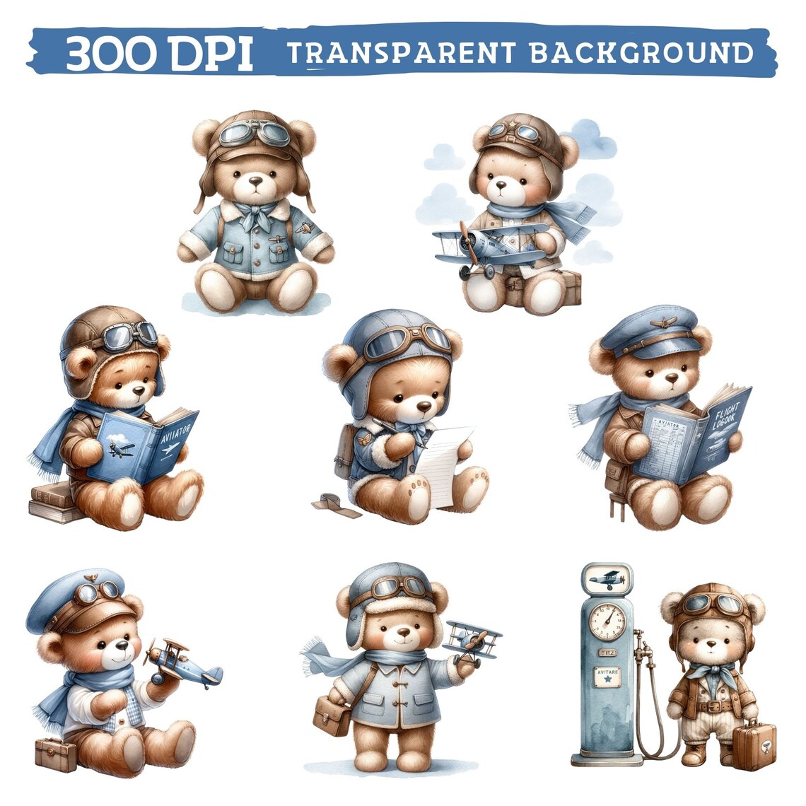 Watercolor Cute Aviator Bear Clipart, Boy Nursery Aircraft Helicopter ...