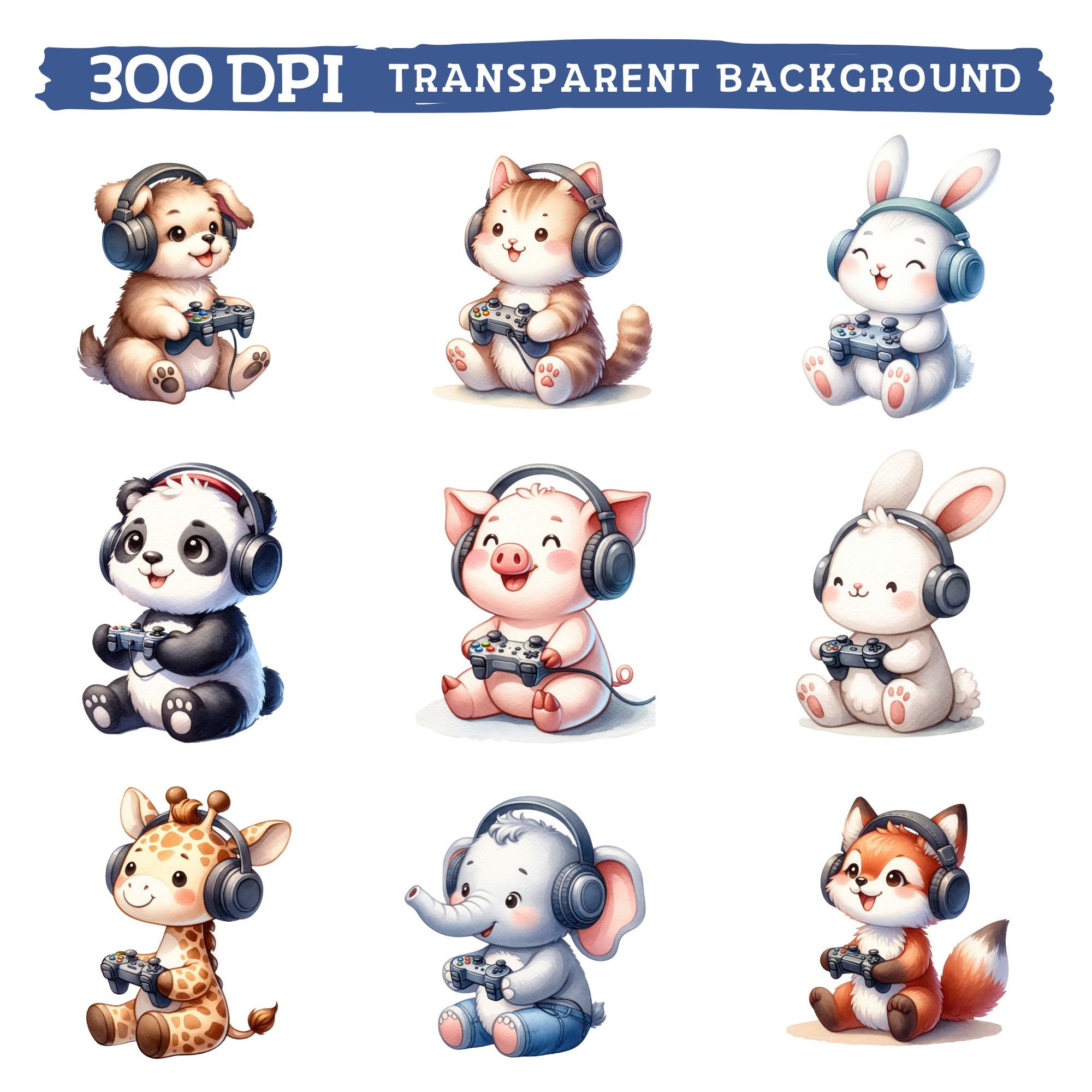 Watercolor Cute Gamer Animals Clipart, Gaming Animal Nursery, Dinosaur ...