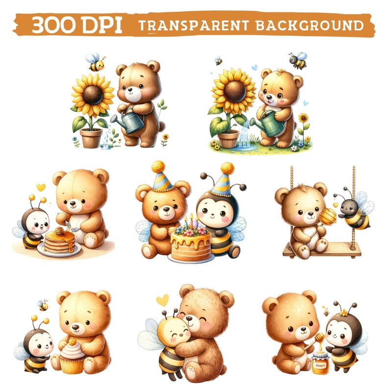 Watercolor Cute Bear and Bee Clipart, Bee Bear Spring Friend Nursery ...