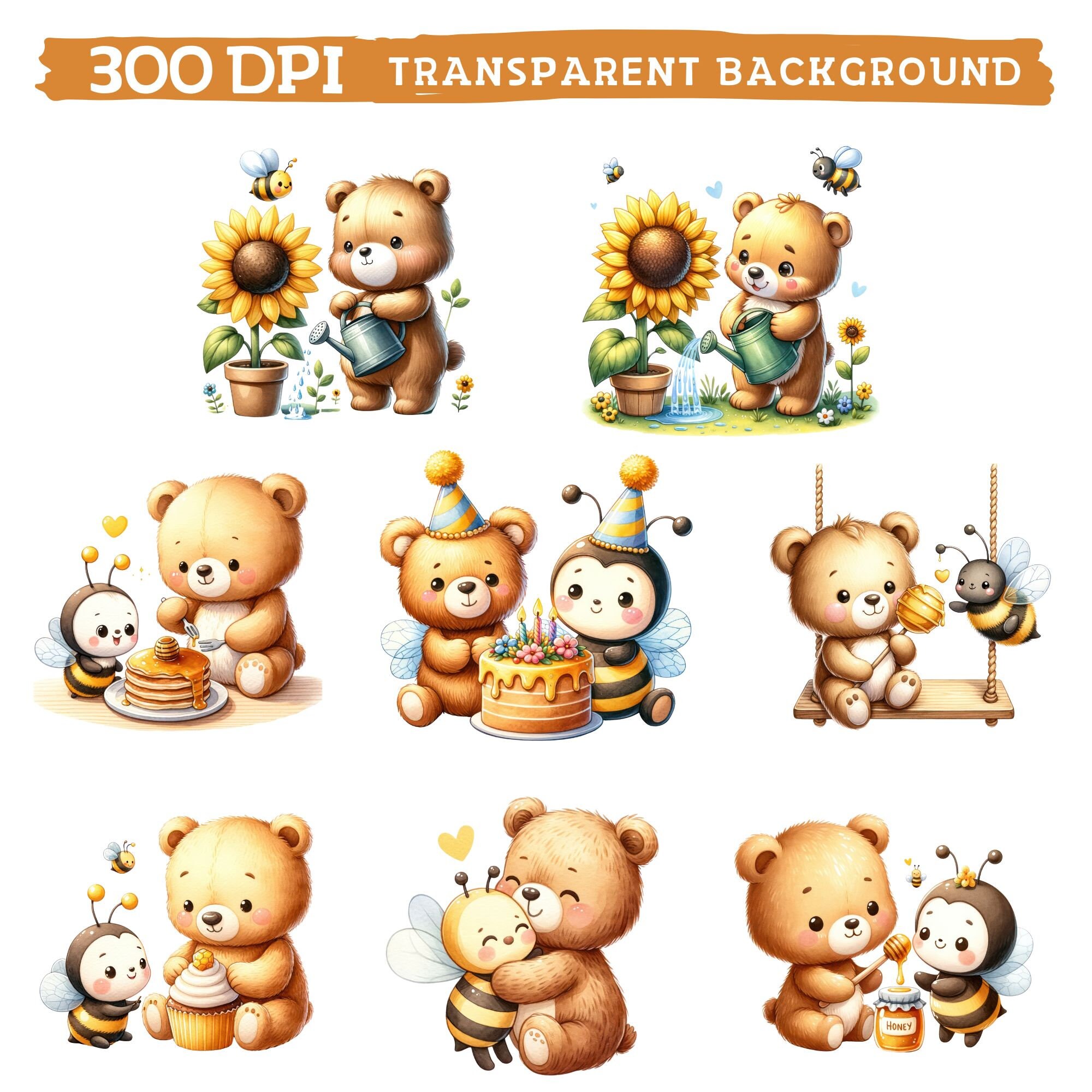 Watercolor Cute Bear and Bee Clipart, Bee Bear Spring Friend Nursery ...