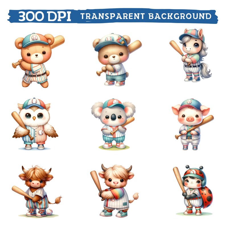 Baseball Animals Clipart, Watercolor Cute Cartoon Sports Nursery ...
