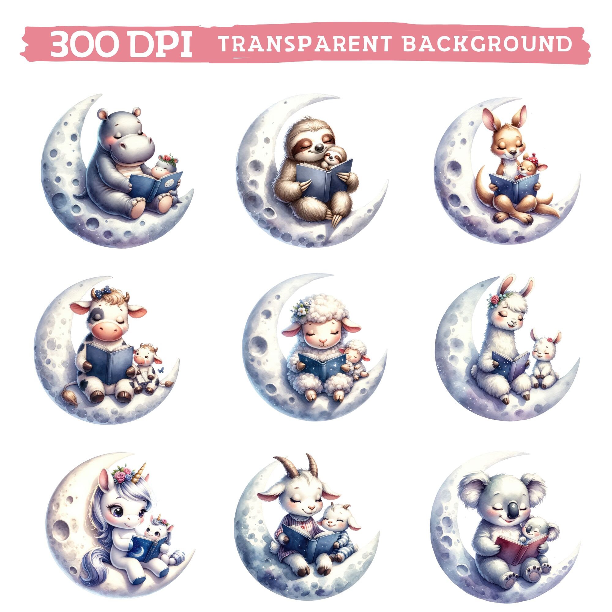 Mama & Baby Animals Reading Clipart, Watercolor Cozy Storytime on Moon ...