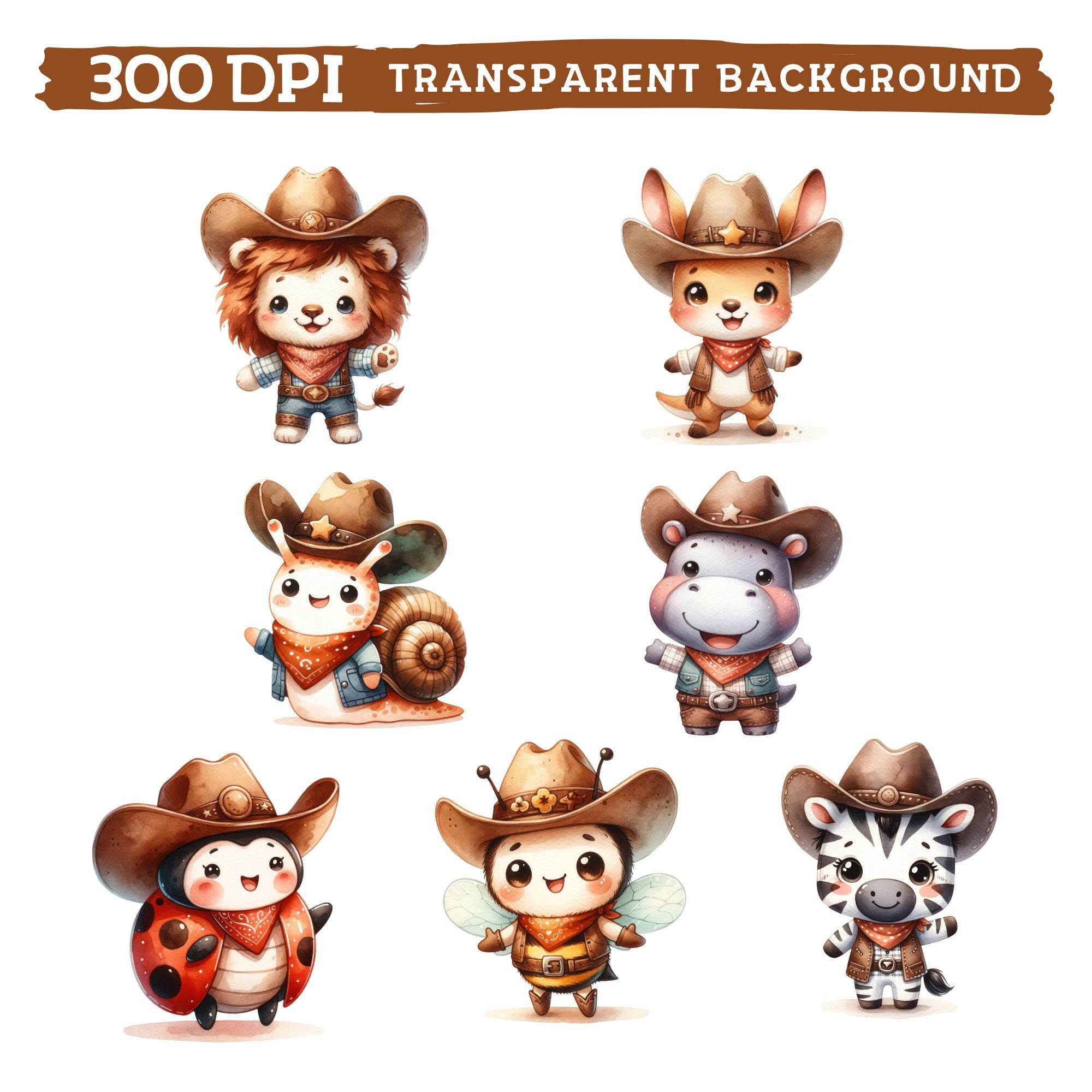 Adorable Cowboy Animal Clipart Set, Watercolor Western Animals Nursery ...