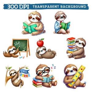 Sloth Back to School Clipart, Watercolor Cute Teachers Kids, Classroom ...