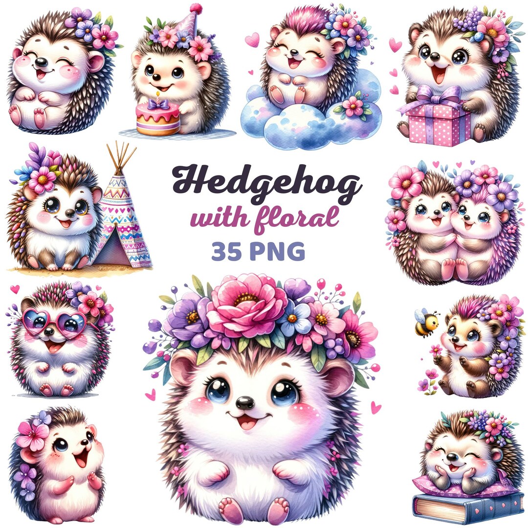 Watercolor Cute Hedgehog Clipart, Spring Summer Hedgehog With Floral ...