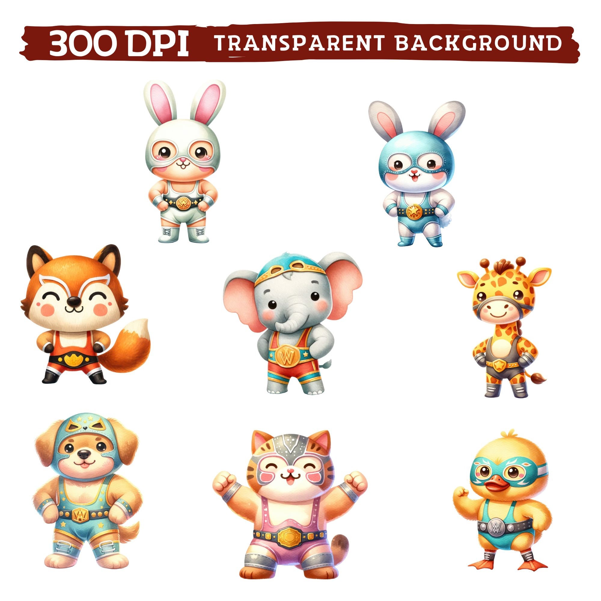 Wrestling Animals Clipart, Watercolor Cute Cartoon Sports Nursery ...
