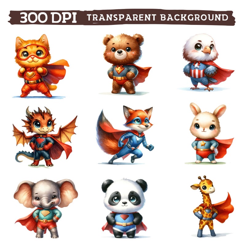 Cute Superhero Animals Clipart, Watercolor Baby Animal Nursery, Fantasy ...