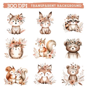 Watercolor Boho Woodland Animals Clipart, Animal Nursery Sublimation ...