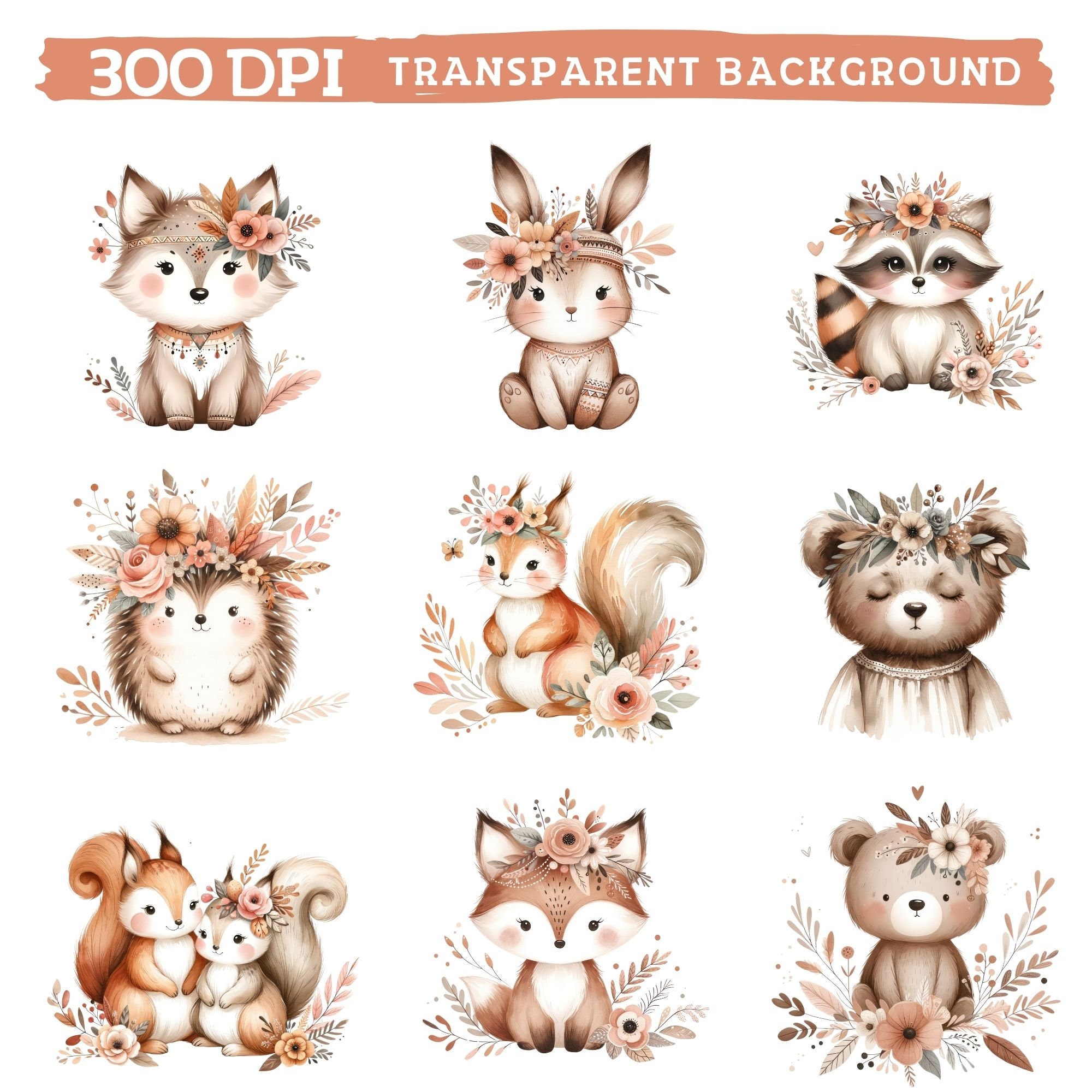Watercolor Boho Woodland Animals Clipart, Animal Nursery Sublimation ...