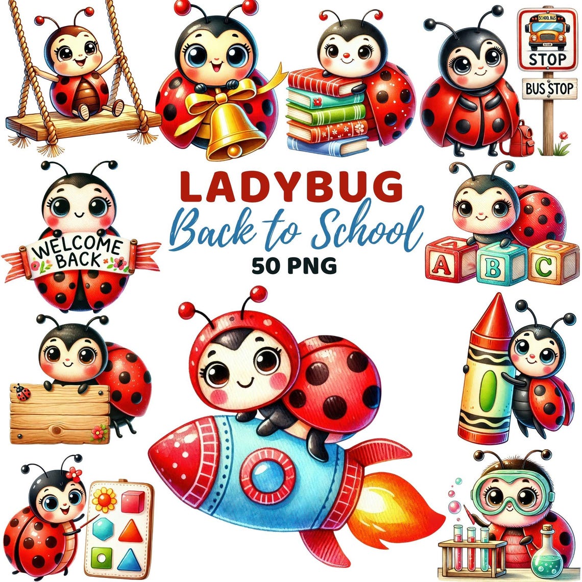 Ladybug Back to School Clipart Watercolor Cute Teacher Ladybug, Student ...
