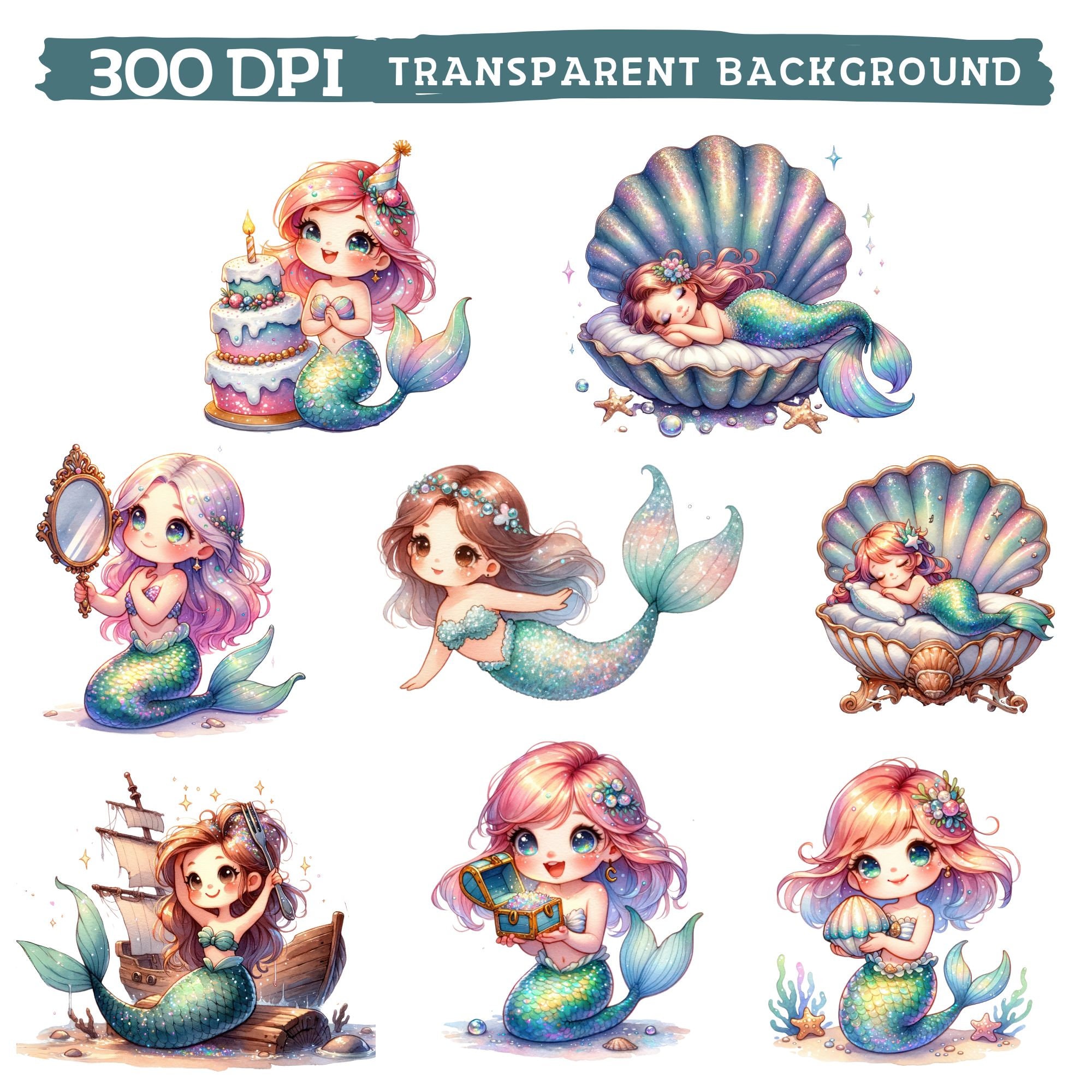 Watercolor Cute Mermaid Clipart, Glitter Shimmer Mermaid Lover Nursery ...