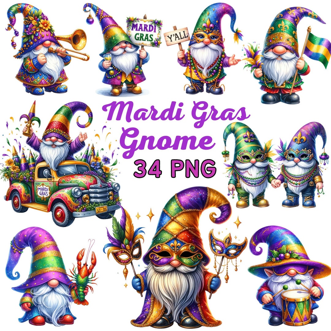 Watercolor Mardi Gras Gnome Clipart, Gnome Festival Carnival Party ...
